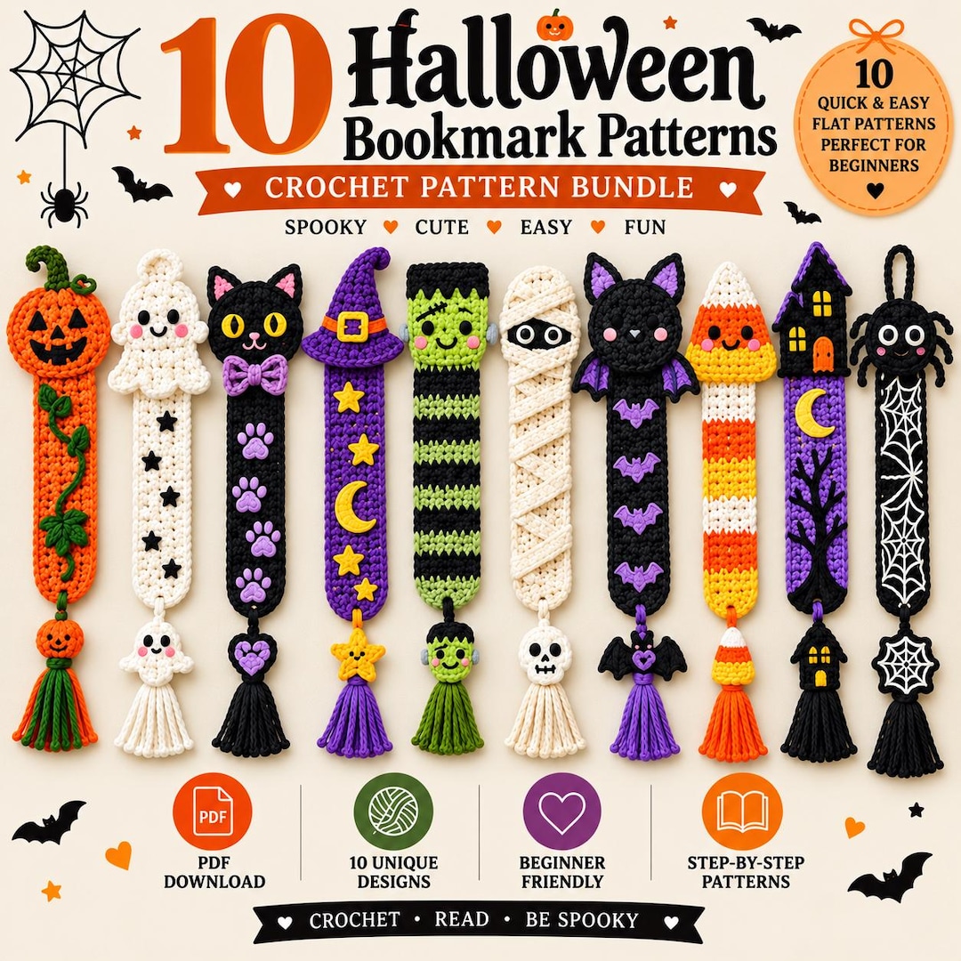 Crochet Halloween Bookmark Patterns PDF, 10 Spooky Bookmarks Crochet ...