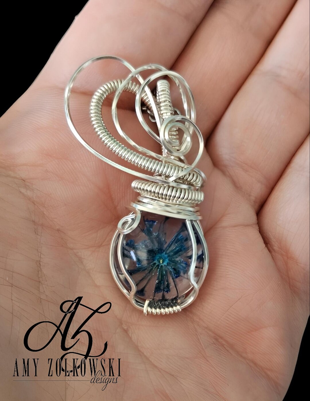 Silver Wire Wrapped Pendant , Resin Wire Wrapped Jewelry, Wire Jewelry ...