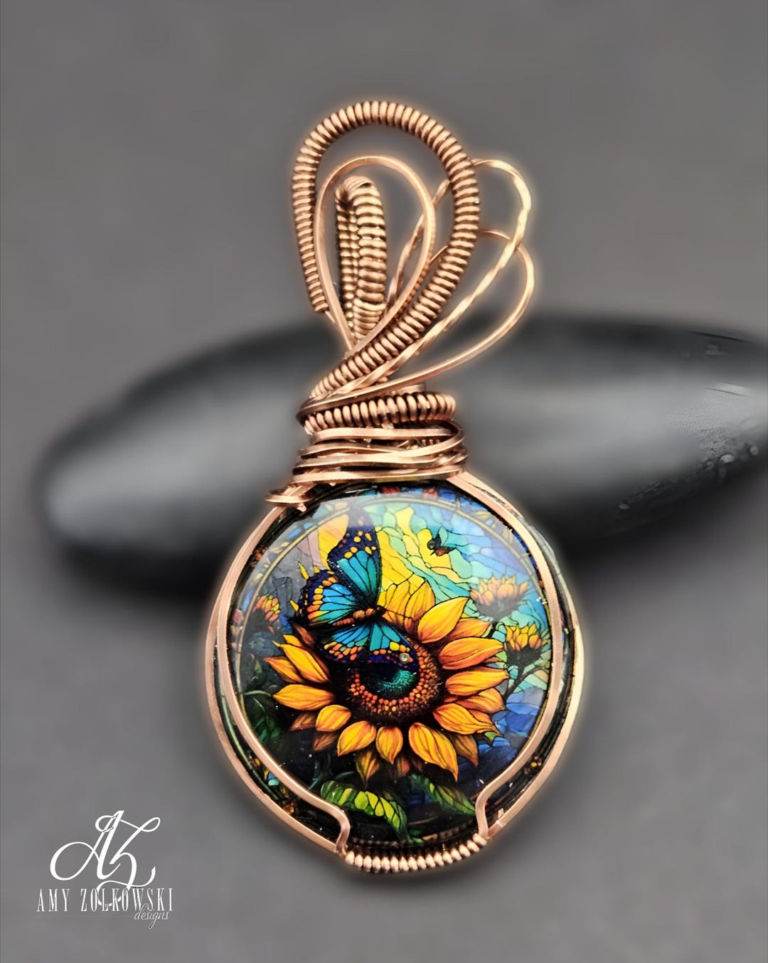 Sunflower and Butterfly Copper Wire Wrapped Pendant-nature Art Jewelry ...