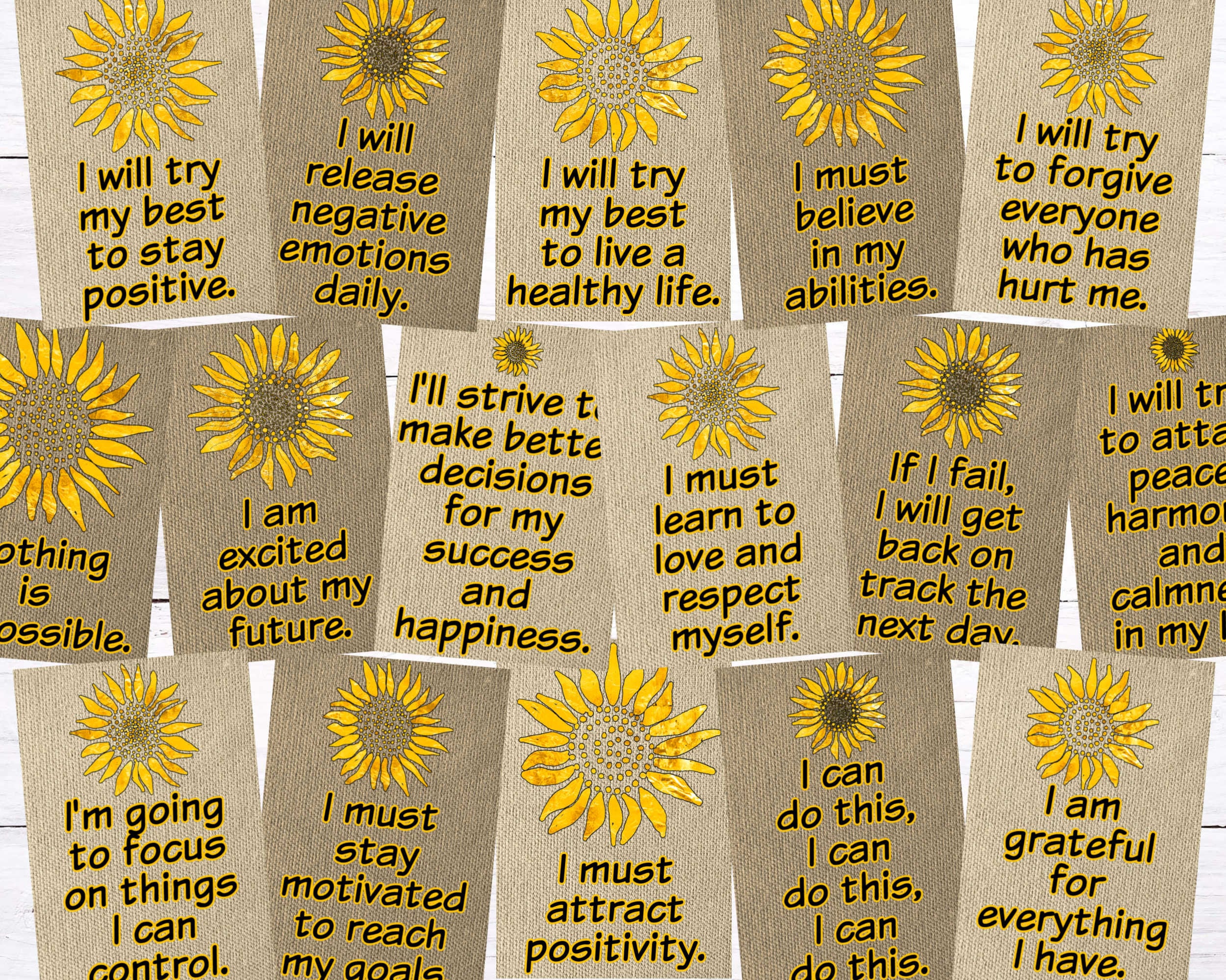 Printable Sunflower Affirmation Cards, Burlap Affirmation Cards, Lunch ...
