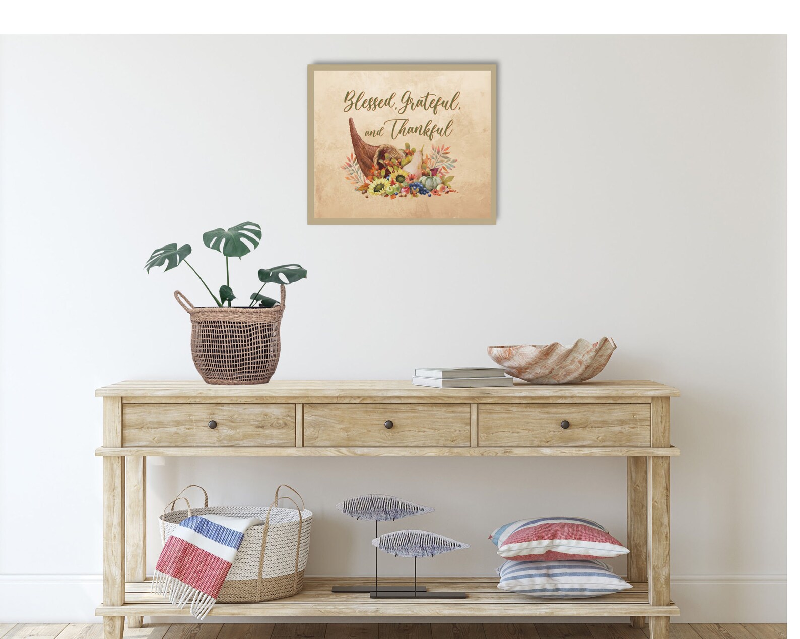 Printable Blessed Grateful Thankful Cornucopia Wall Art Print Holiday ...
