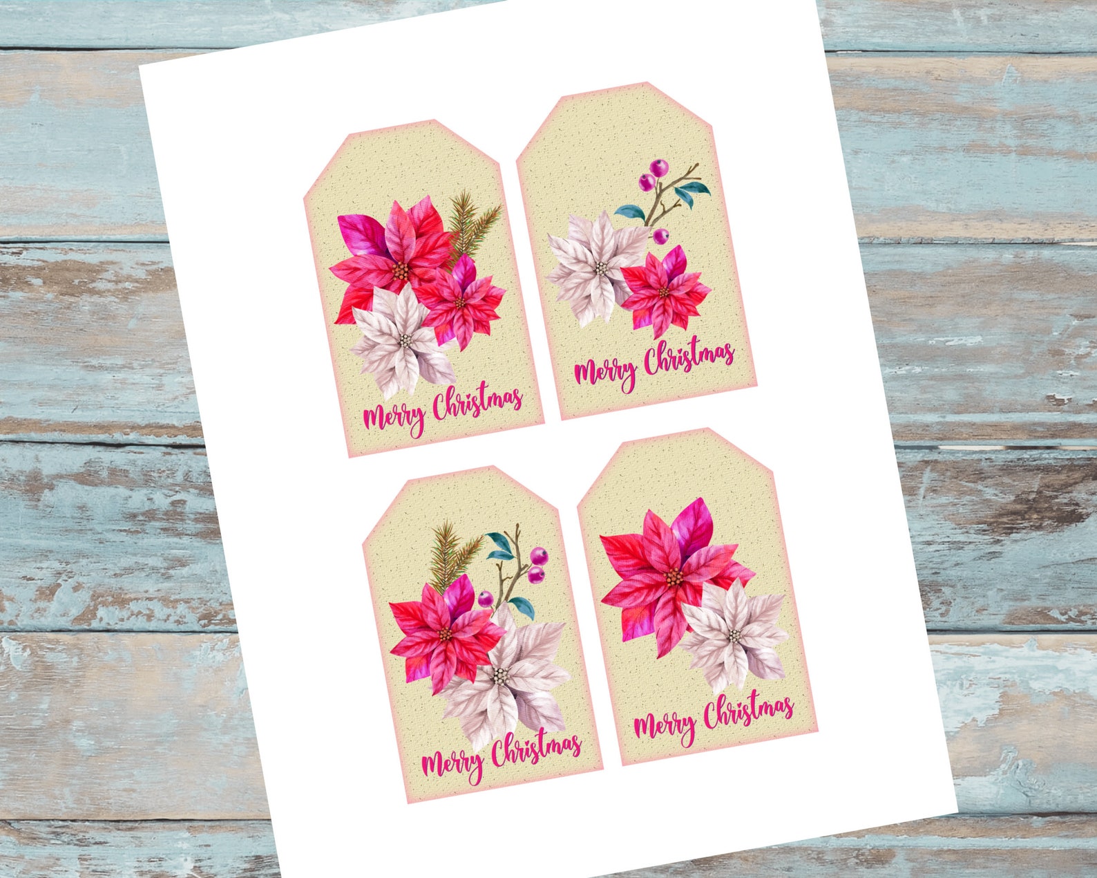 Poinsettia Merry Christmas Printable Tags, Vintage Poinsettia Journal ...