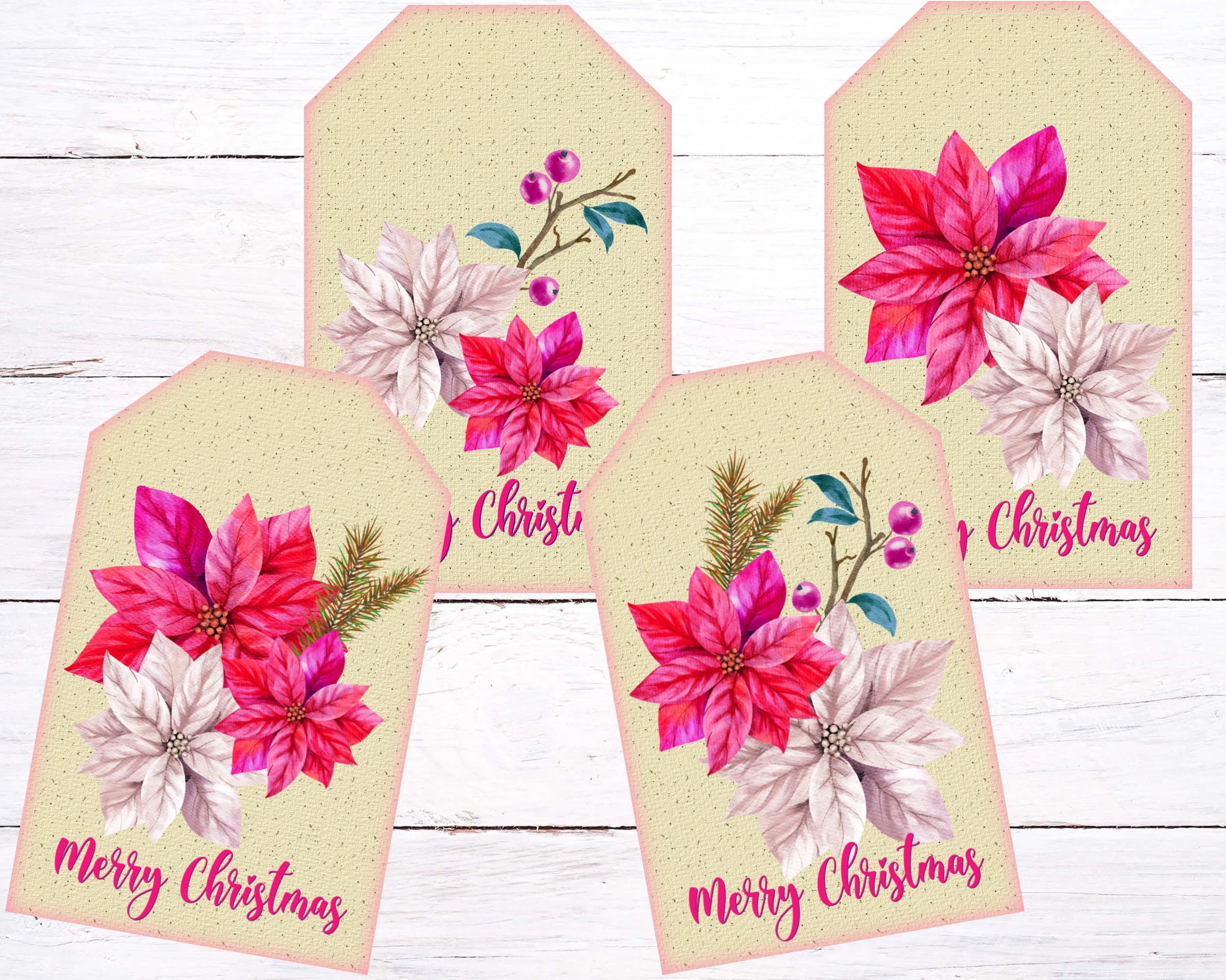 Poinsettia Merry Christmas Printable Tags, Vintage Poinsettia Journal ...