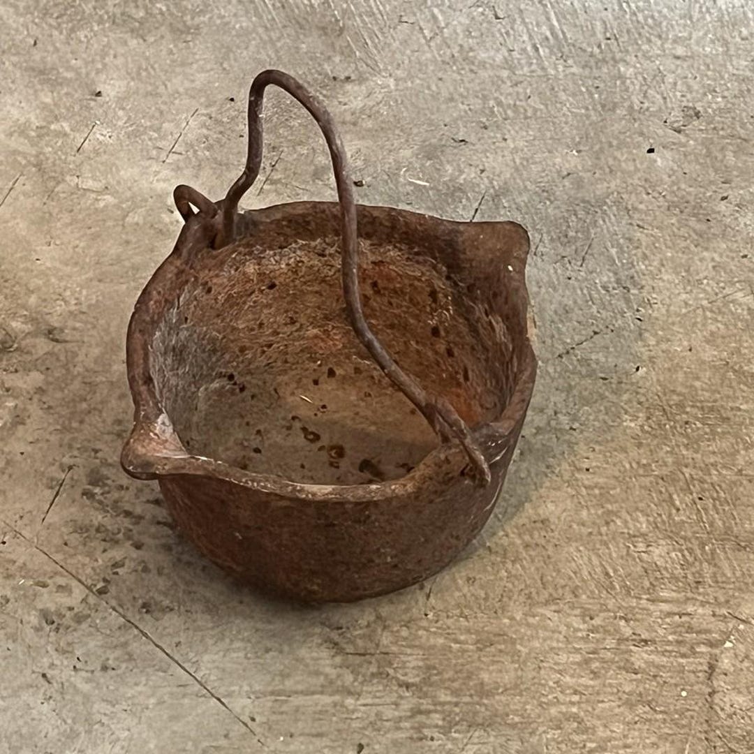 Antique Cast Iron Miniature Ring Base Cauldron W Pour Spouts & Handle ...