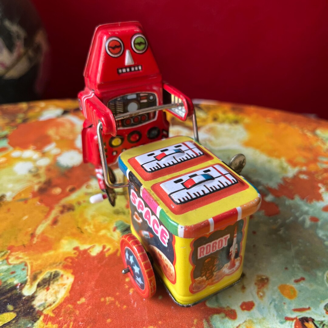 Vintage Retro Tin Wind-up Robot Walking Toy W Push Cart - Etsy