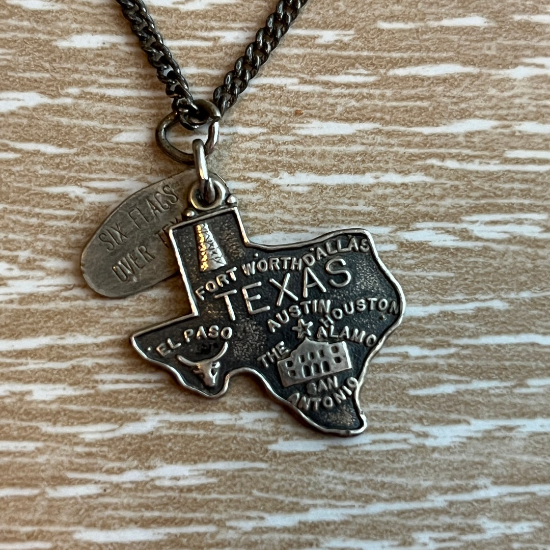Vintage Sterling Silver Texas Map Charm Necklace Souvenir of Six Flags ...
