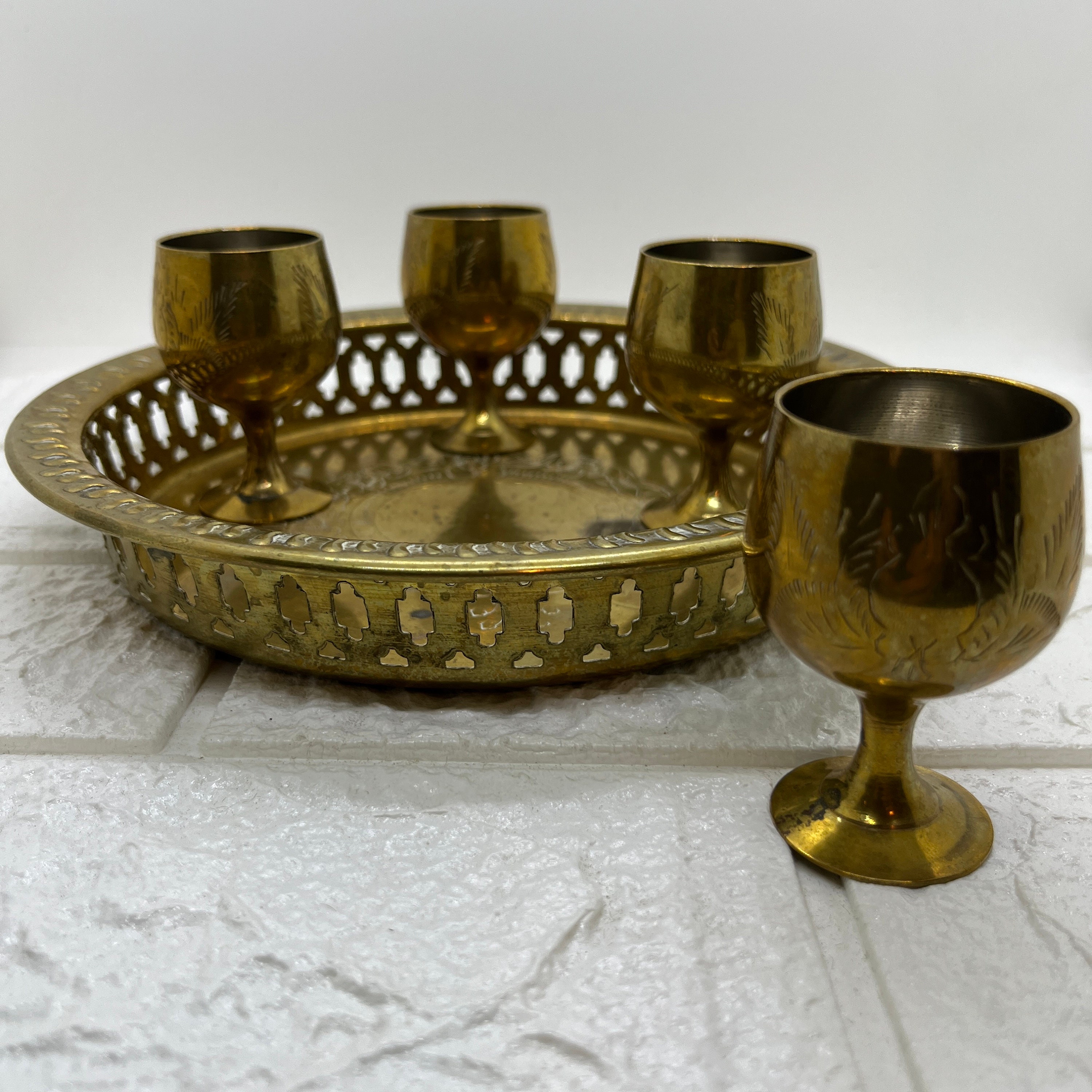 4 Vintage Etched Brass Mini Cordial Cups Goblets & Serving - Etsy