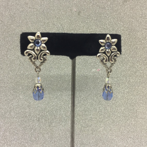 Vintage 1990s Art Nouveau Blue Glass Bead Flower Earr… - Gem