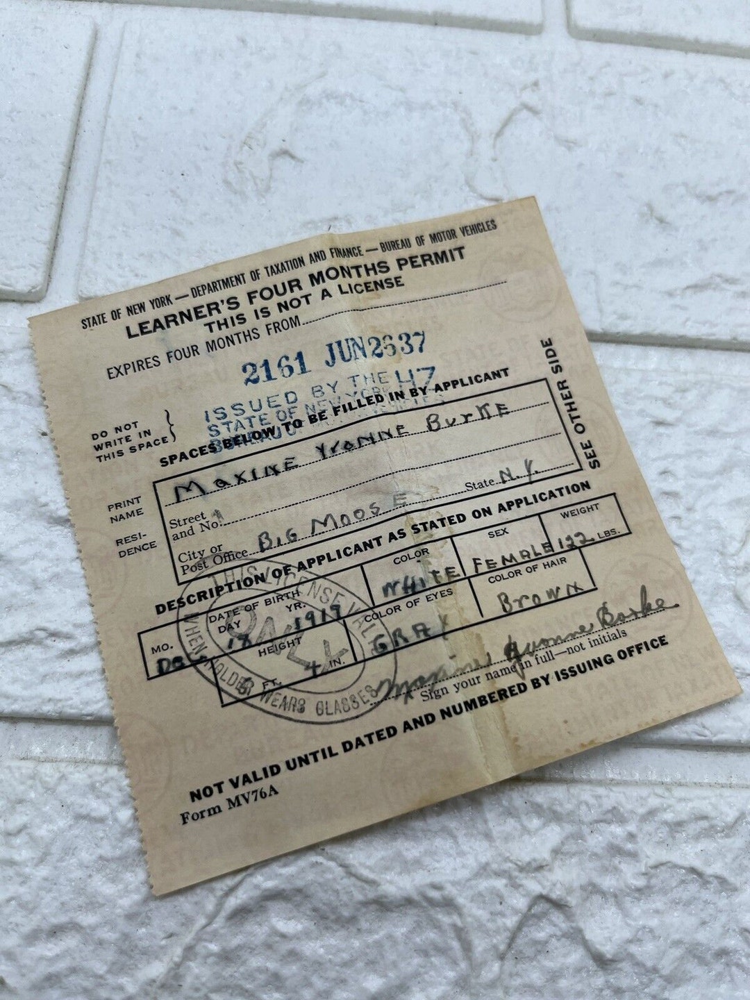 Vintage 1937 New York Learner's Permit (not Driver's License) W ...