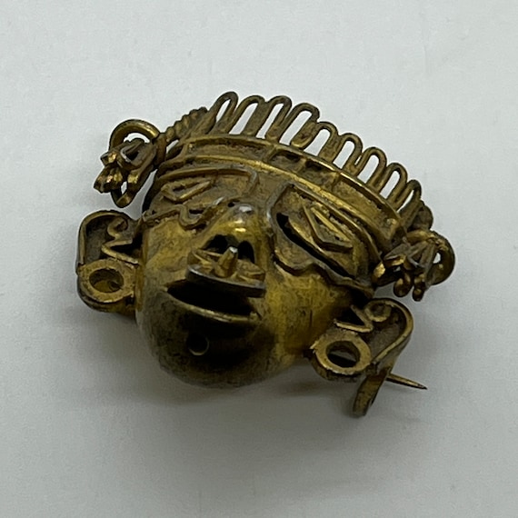 Vintage Brass Aztec / Mayan Mask Brooch . Pin - Gem