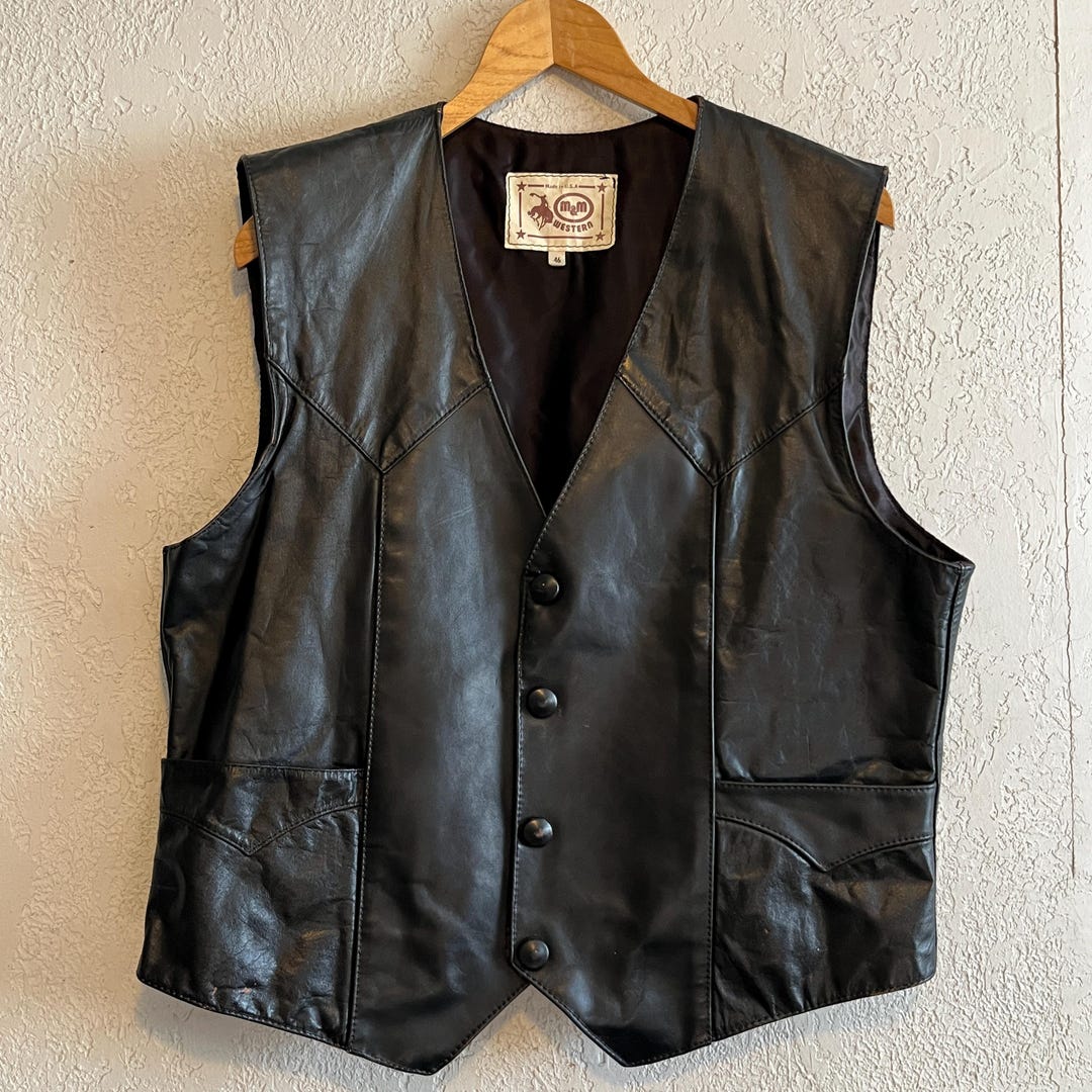 Vintage Black Leather Pointed Yoke Vest by M&M Western, Made in USA ...