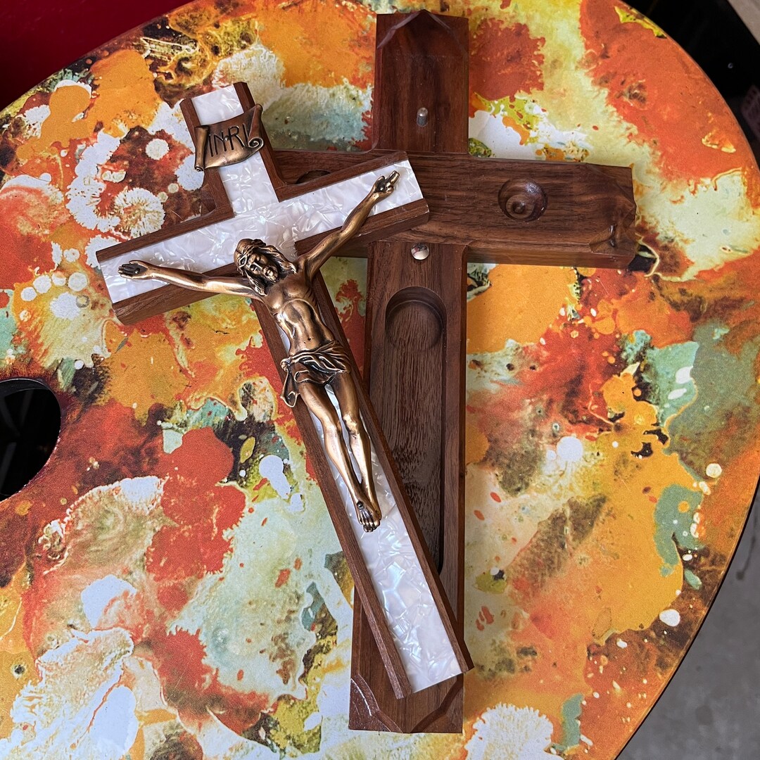 Vintage Crucifix Last Rites Kit Cross . Wood & Pearl Lucite W Brass ...