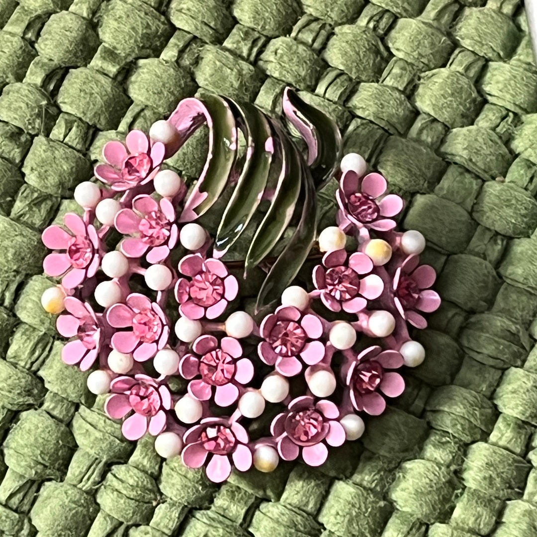 Vintage Mid Century Pink Enamel & Rhinestone Floral Cluster Brooch - Etsy