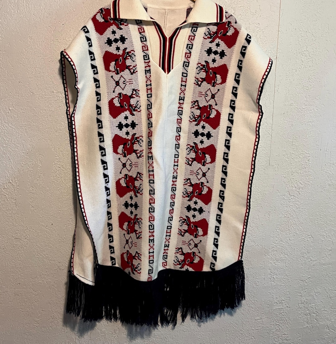 Vintage Mexico Deer Head Collared Fringe Serape Poncho Shawl Cape - Etsy