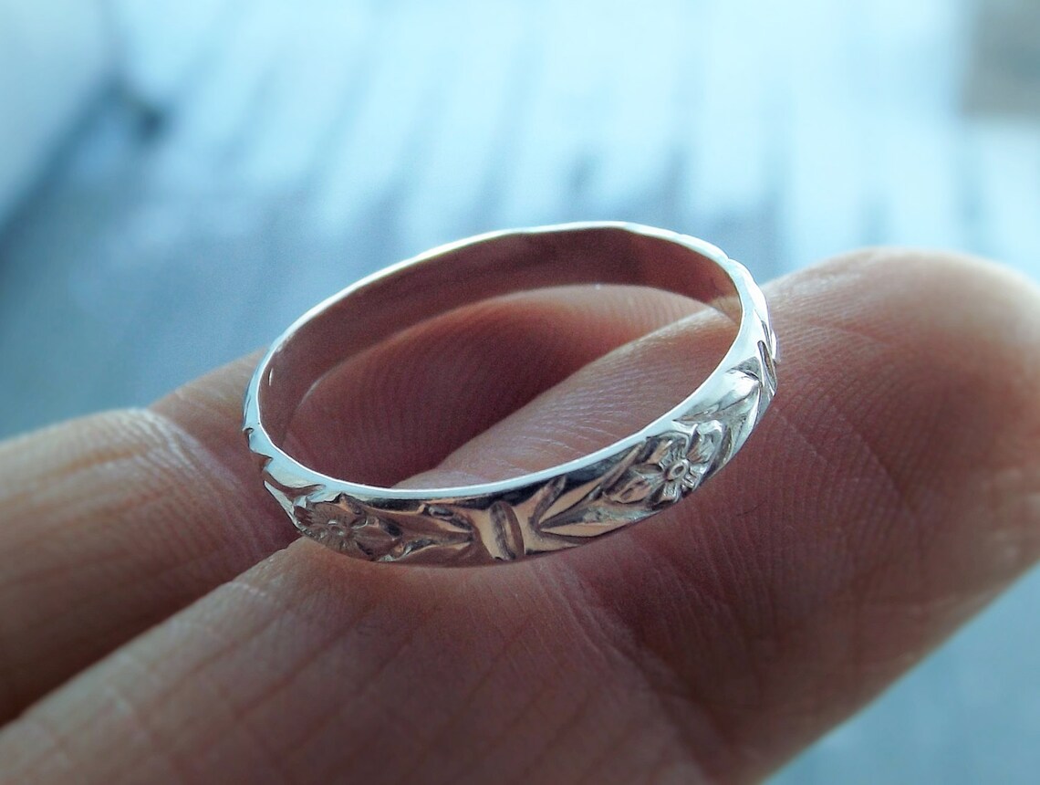 Silver Floral Band Minimal Band Ring Simple Ring Floral | Etsy