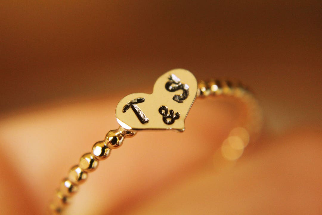 Beaded Heart Initial Stacking Ring,personalized Rings,minimalist Rings ...