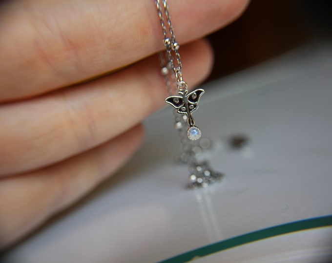 Sterling Tiny Luna Moth Charm Necklace, Small Moonstone Luna Moth ...