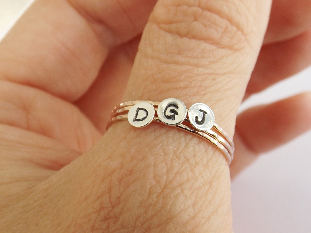 Skinny Initial Stacking Ring, Personalized Ring, Minimalist Ring, Initial Ring, Notched Stacking ...