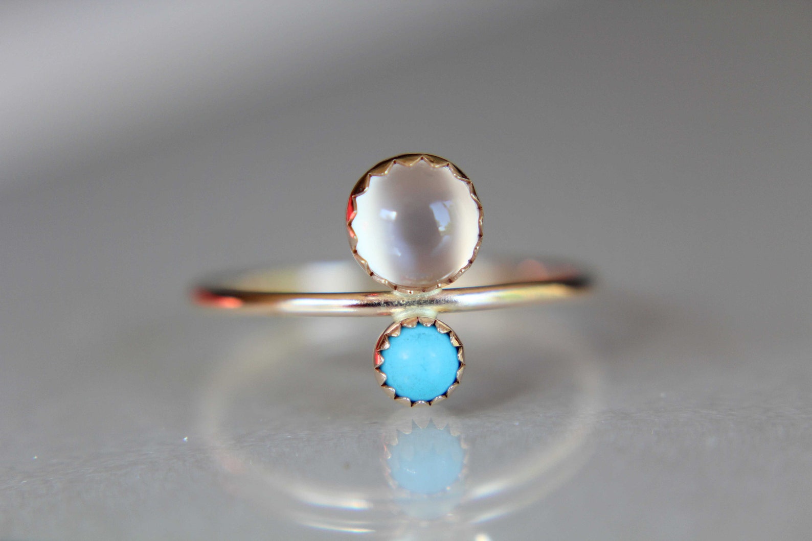 Double Gemstone Ring, Moonstone Ring, Engagement Ring, Turquoise, Dual ...