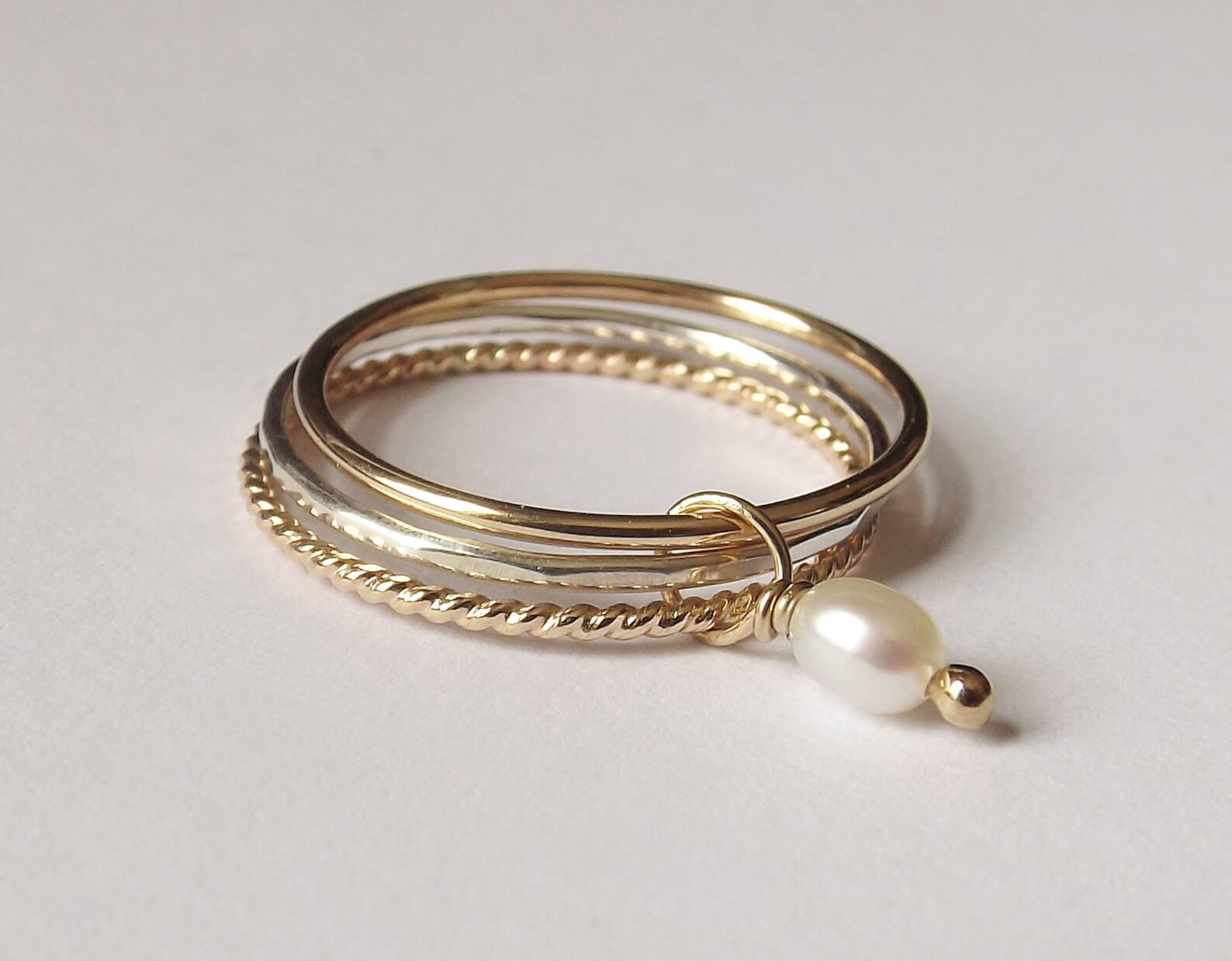 Pearl Ring Set Mixed Metals Ring Set Textured Rings Boho - Etsy