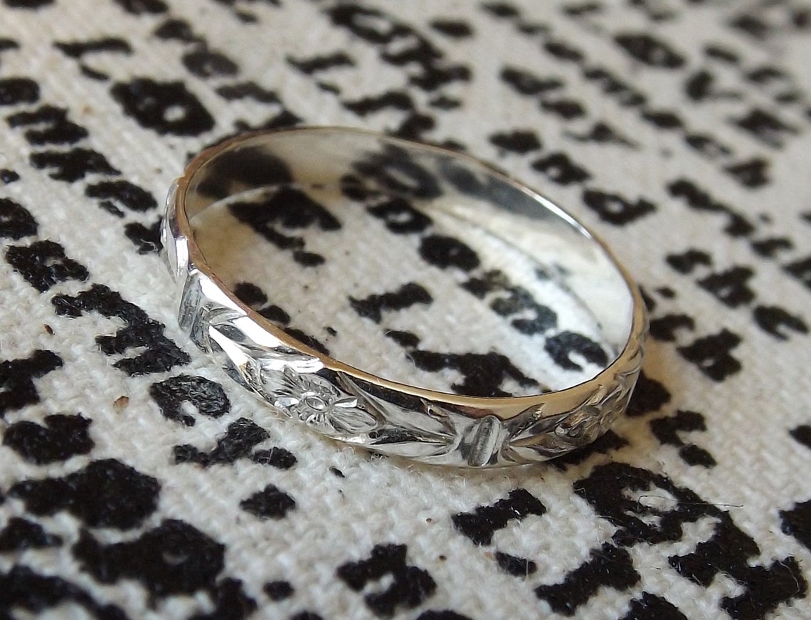 Silver Floral Band Minimal Band Ring Simple Ring Floral | Etsy