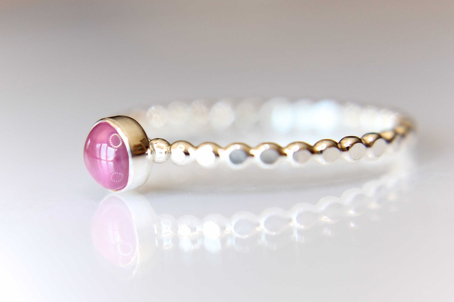 Pink Sapphire Ring, Pink Sapphire Stacking Ring, Beaded Pink Sapphire ...