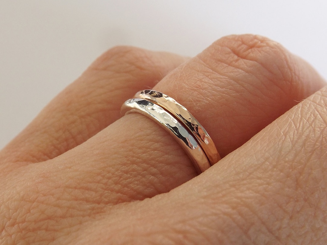 Thick Textured Ring Set,sterling and Gold Rings,stacking Rings,modern ...