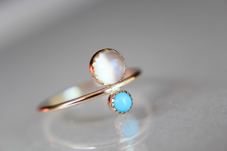 Double Gemstone Ring, Moonstone Ring, Engagement Ring, Turquoise, Dual ...