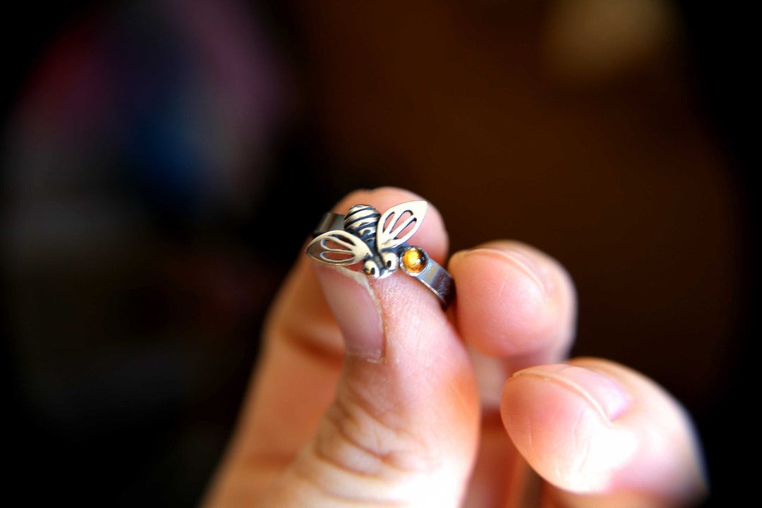 Bee Ring, Citrine Ring, Bumble Bee Ring, Honey Bee Rings, Gift, Gemstone Bee Ring, Silver Bee ...