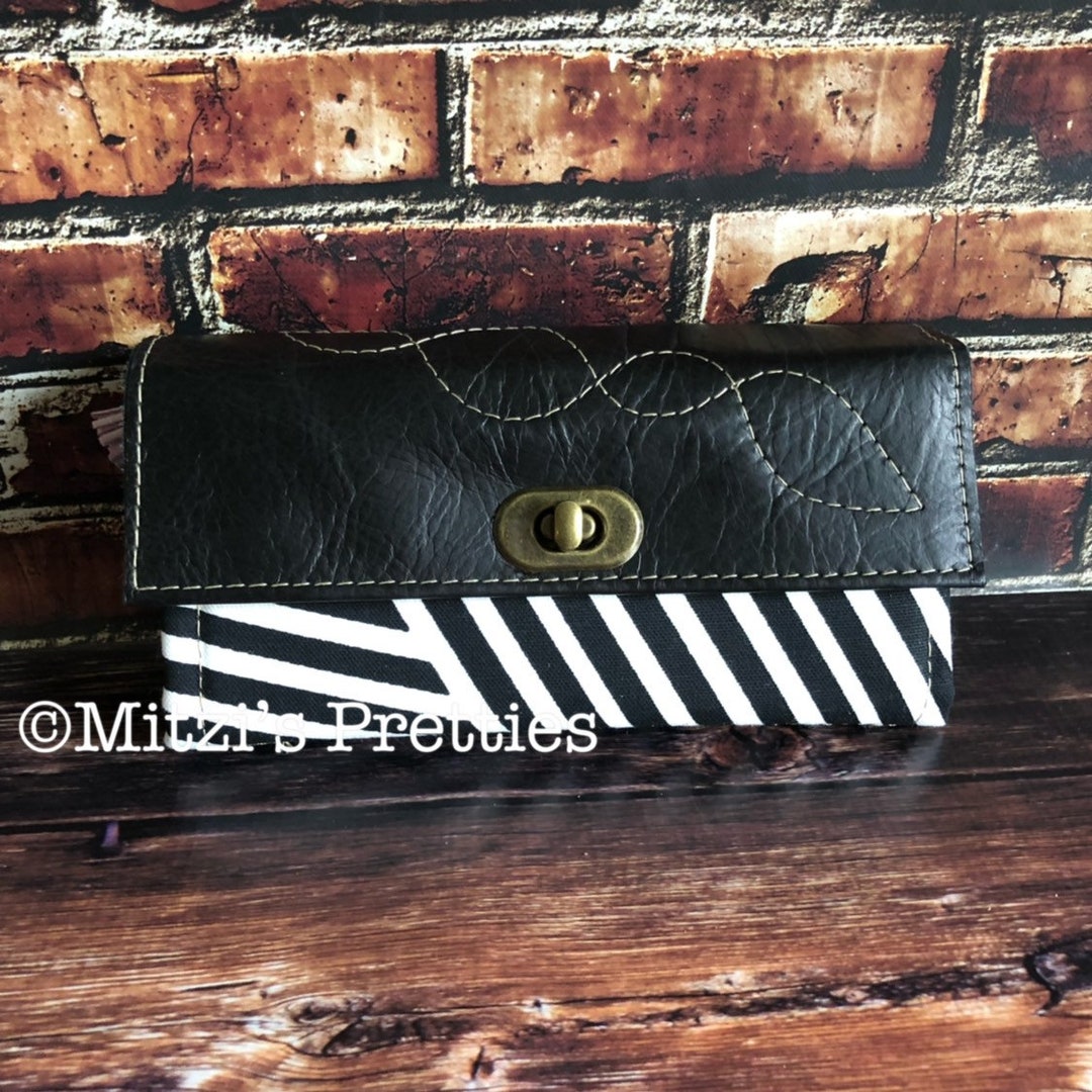 MADE TO ORDER Mom Wallet in Black Stripes Fabric W/ Black Leather Flap ...