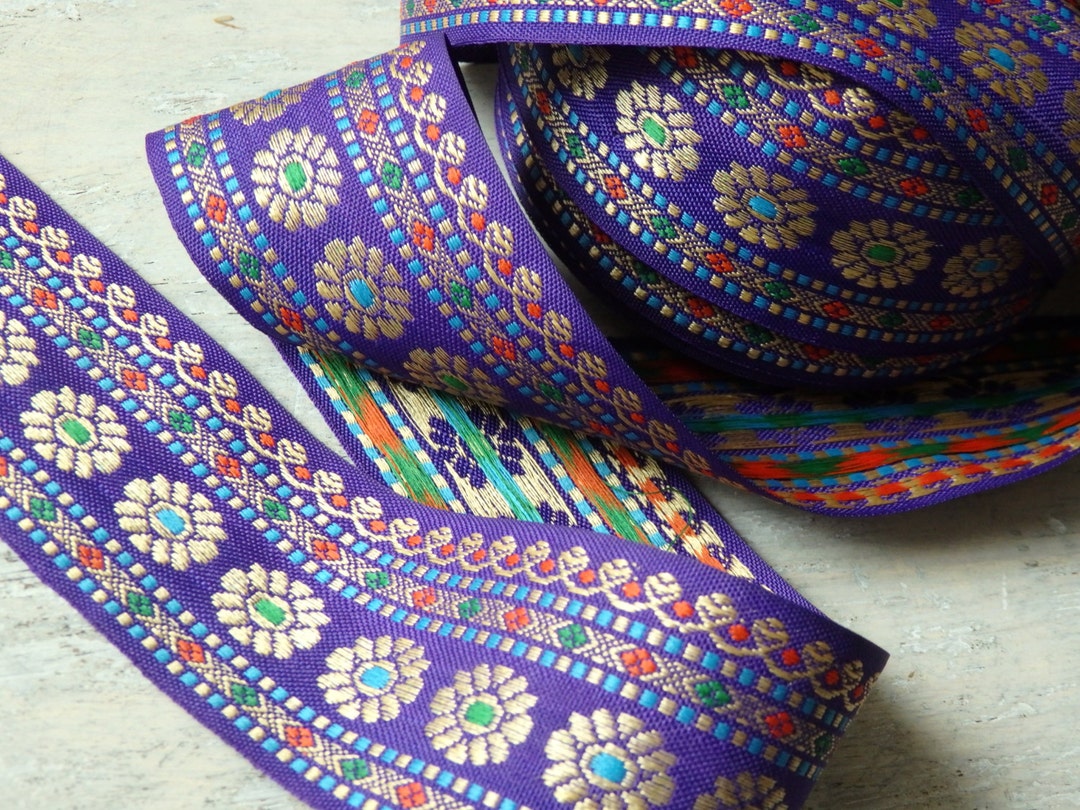 1 Yd. Indian Trim With Floral Pattern, 45mm Wide, PURPLE Indian Cotton ...