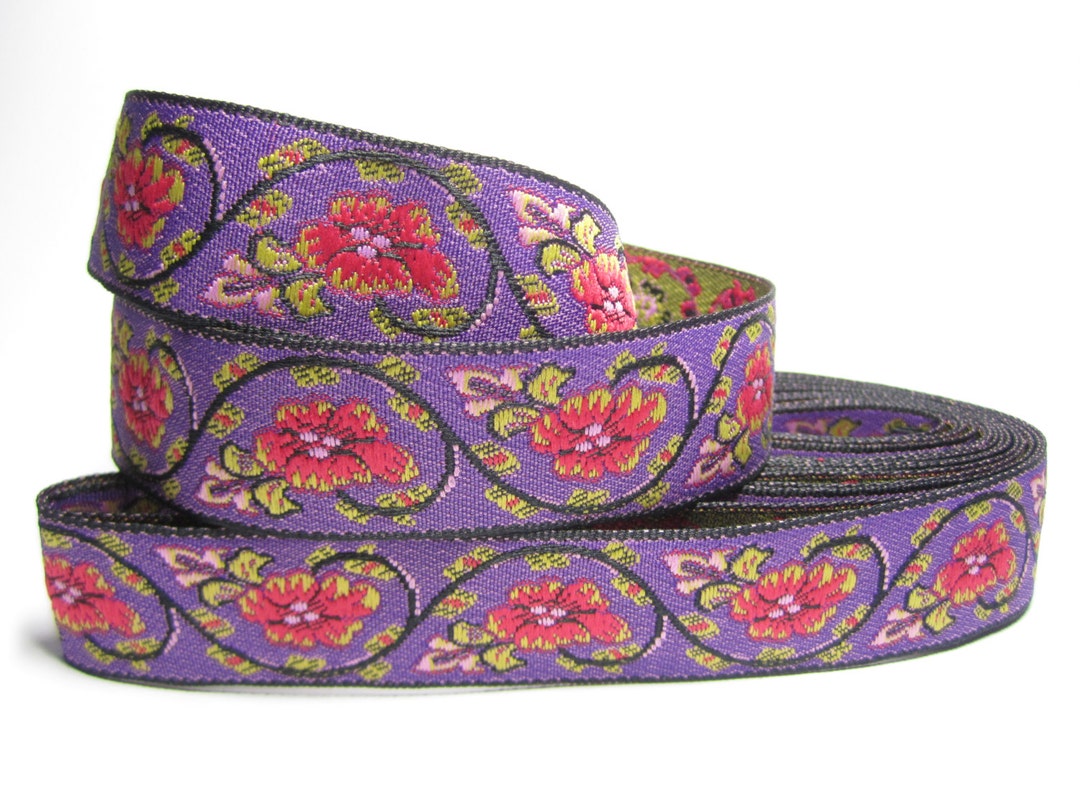 2 Yds. Floral Trim in Purple, Pink & Green, Purple Floral Trim, 28mm ...