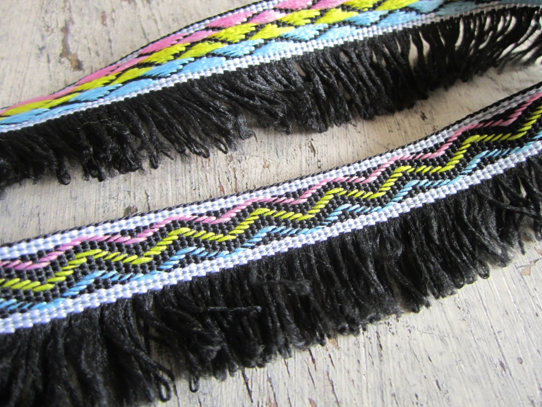 2 Yds. Black Fringed Trim, Fringe Trim With Woven Pattern, Boho Trim ...