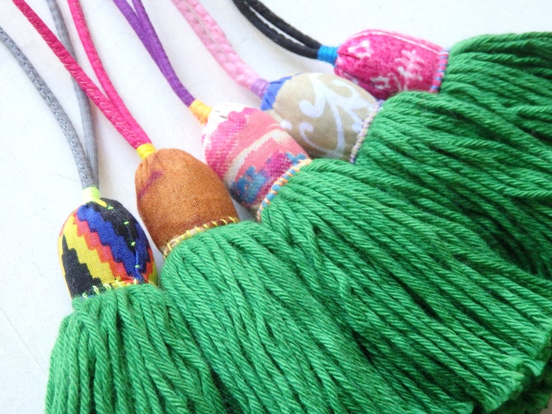Handmade Hmong tassel with long loop Mid Green cotton yarn | Etsy