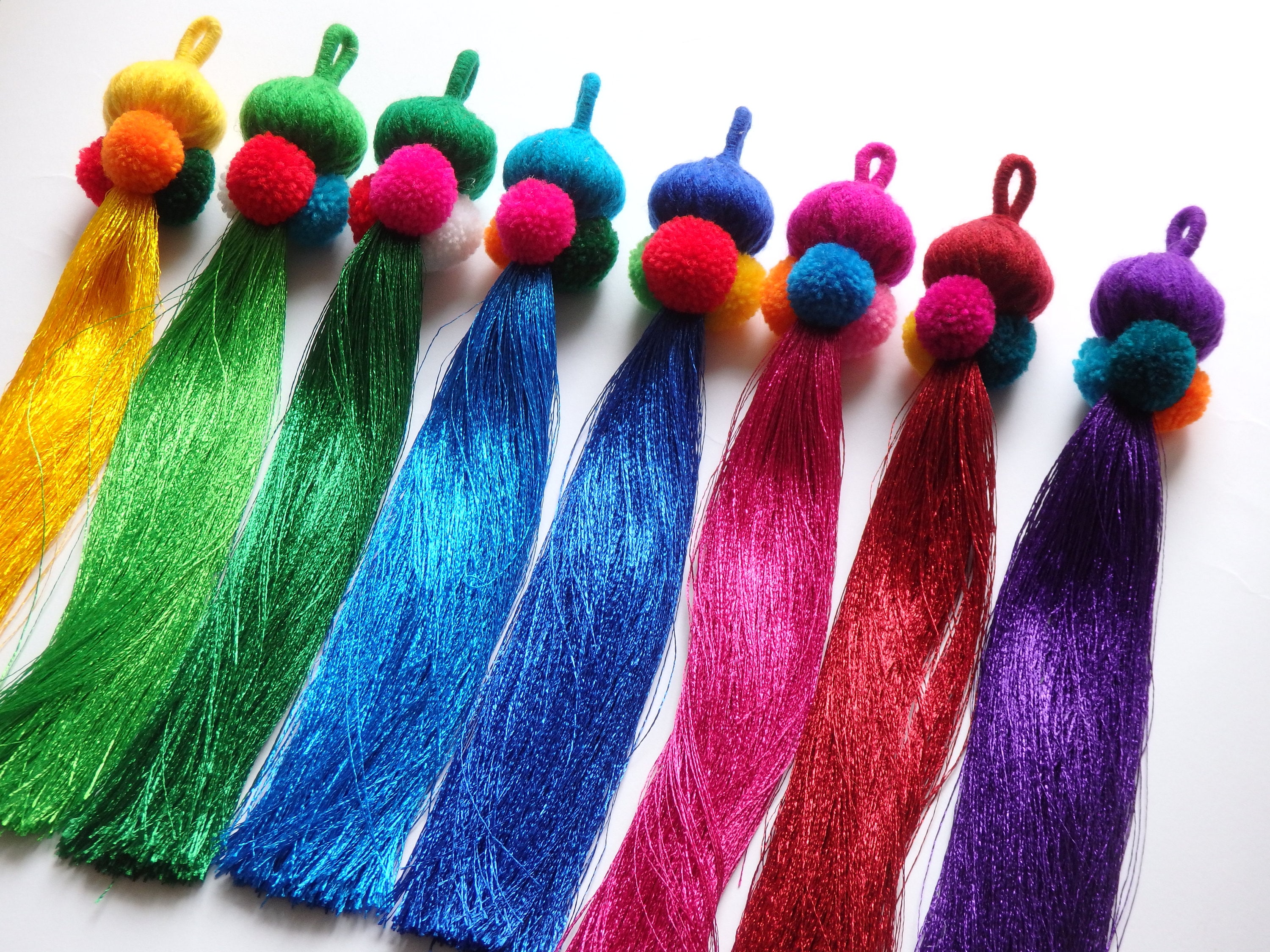 Silk pom pom tassel ONE Thai silk tassel with pom poms and | Etsy