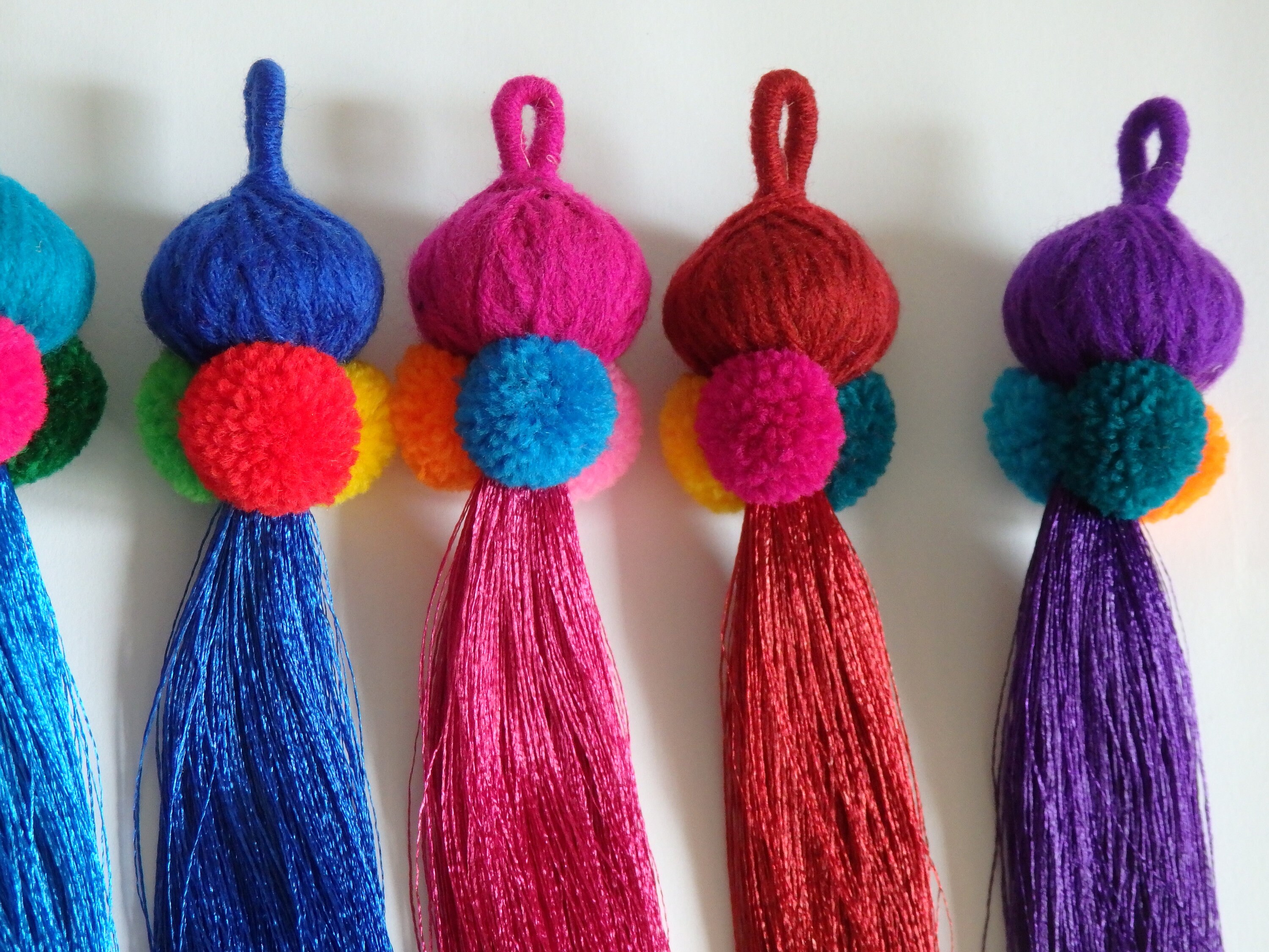 Silk pom pom tassel ONE Thai silk tassel with pom poms and | Etsy