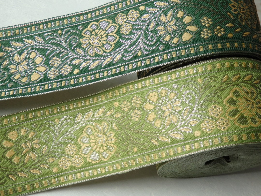 2 Yds. Indian Sari Trim in Green With Tan & Gold Floral Pattern, Choose ...