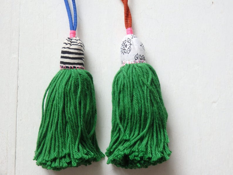 Handmade Hmong tassel with long loop Mid Green cotton yarn | Etsy