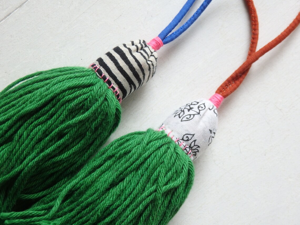 Handmade Hmong tassel with long loop Mid Green cotton yarn | Etsy