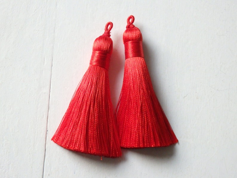 2 Silky red tassels tassels with small loop for jewelry | Etsy