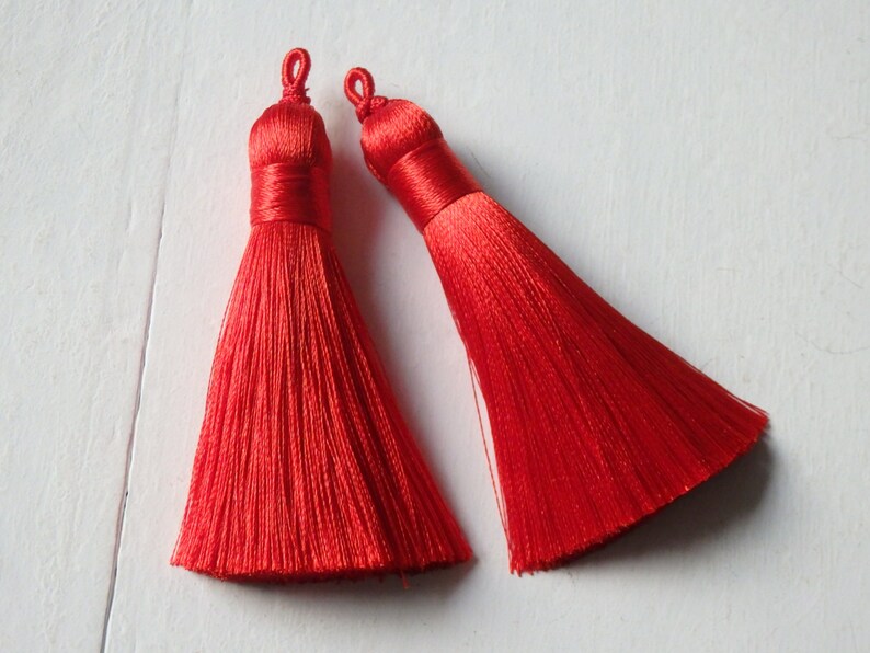 2 Silky red tassels tassels with small loop for jewelry | Etsy