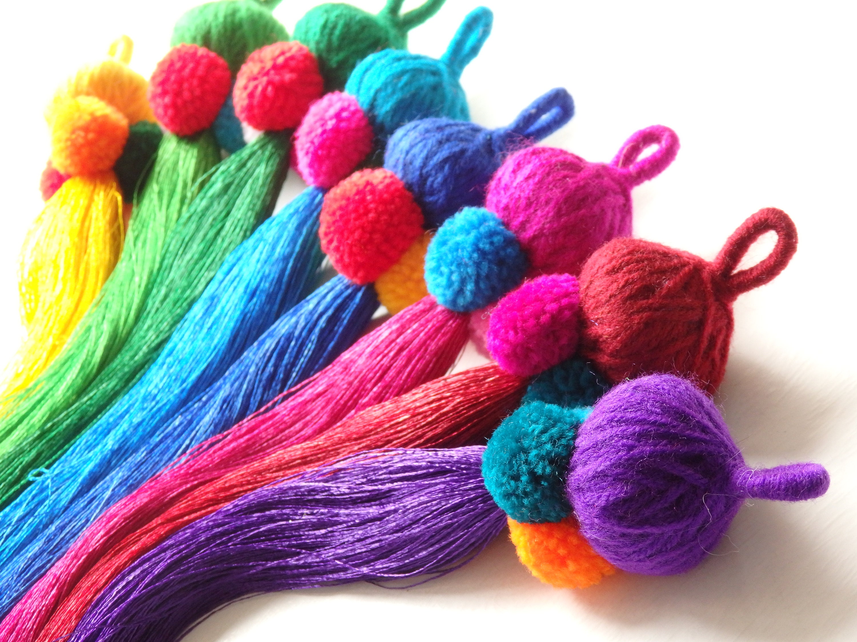 Silk pom pom tassel ONE Thai silk tassel with pom poms and | Etsy