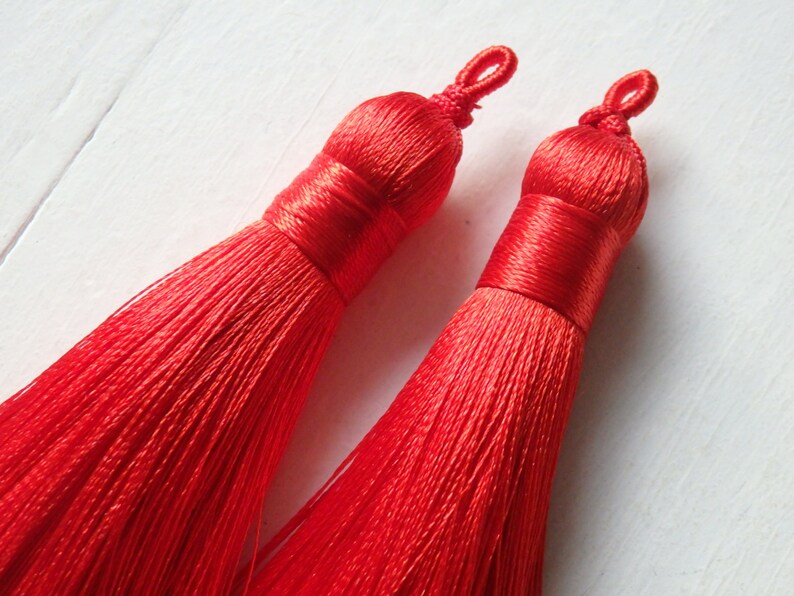 2 Silky red tassels tassels with small loop for jewelry | Etsy