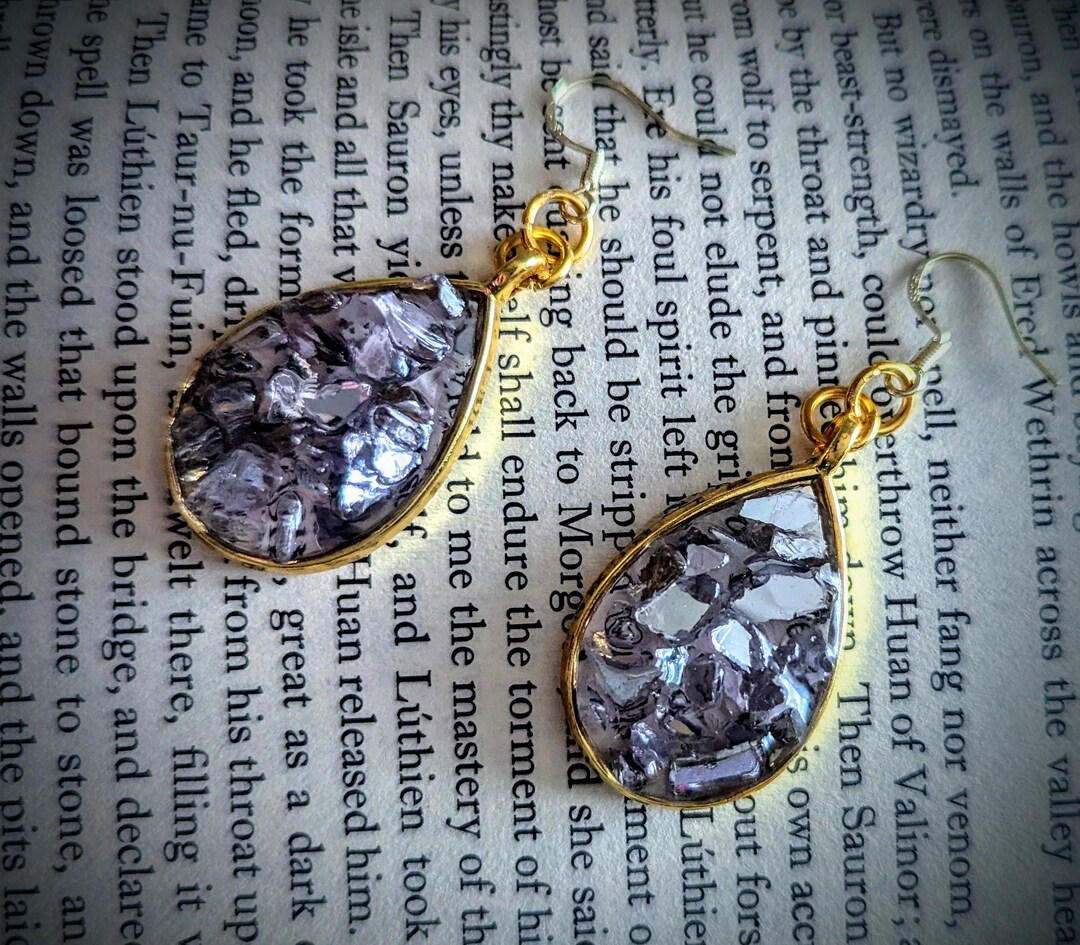 Gold Tone Oval Shaped Crushed Lavender Mirror Earrings - Etsy