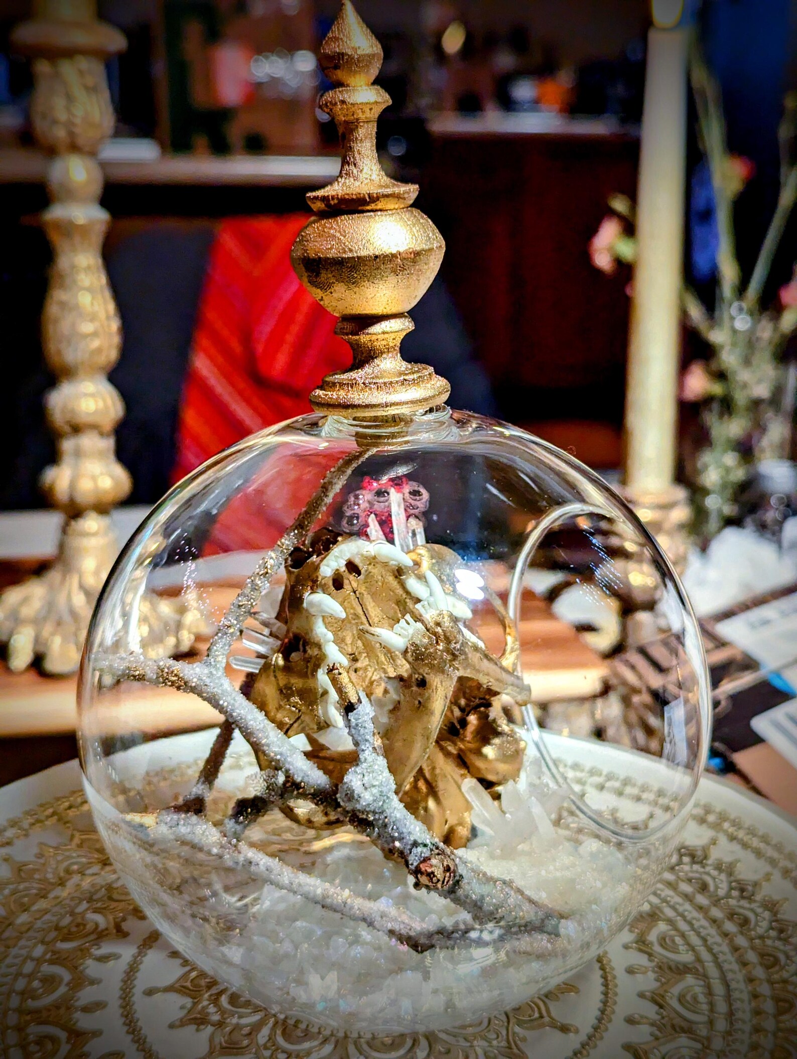 Genuine Skull Gold Leafed in Cloche Ornament With Clear Quartz Clusters ...