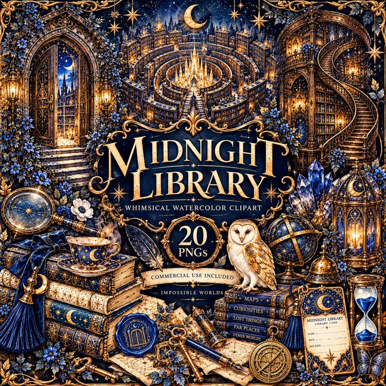 Midnight Library Clipart, Fantasy Bookish PNG Bundle, Celestial ...