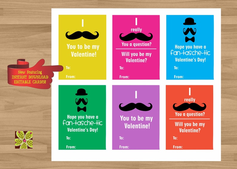 INSTANT DOWNLOAD - EDITABLE - Kids Valentine's Day Cards With Mustaches ...