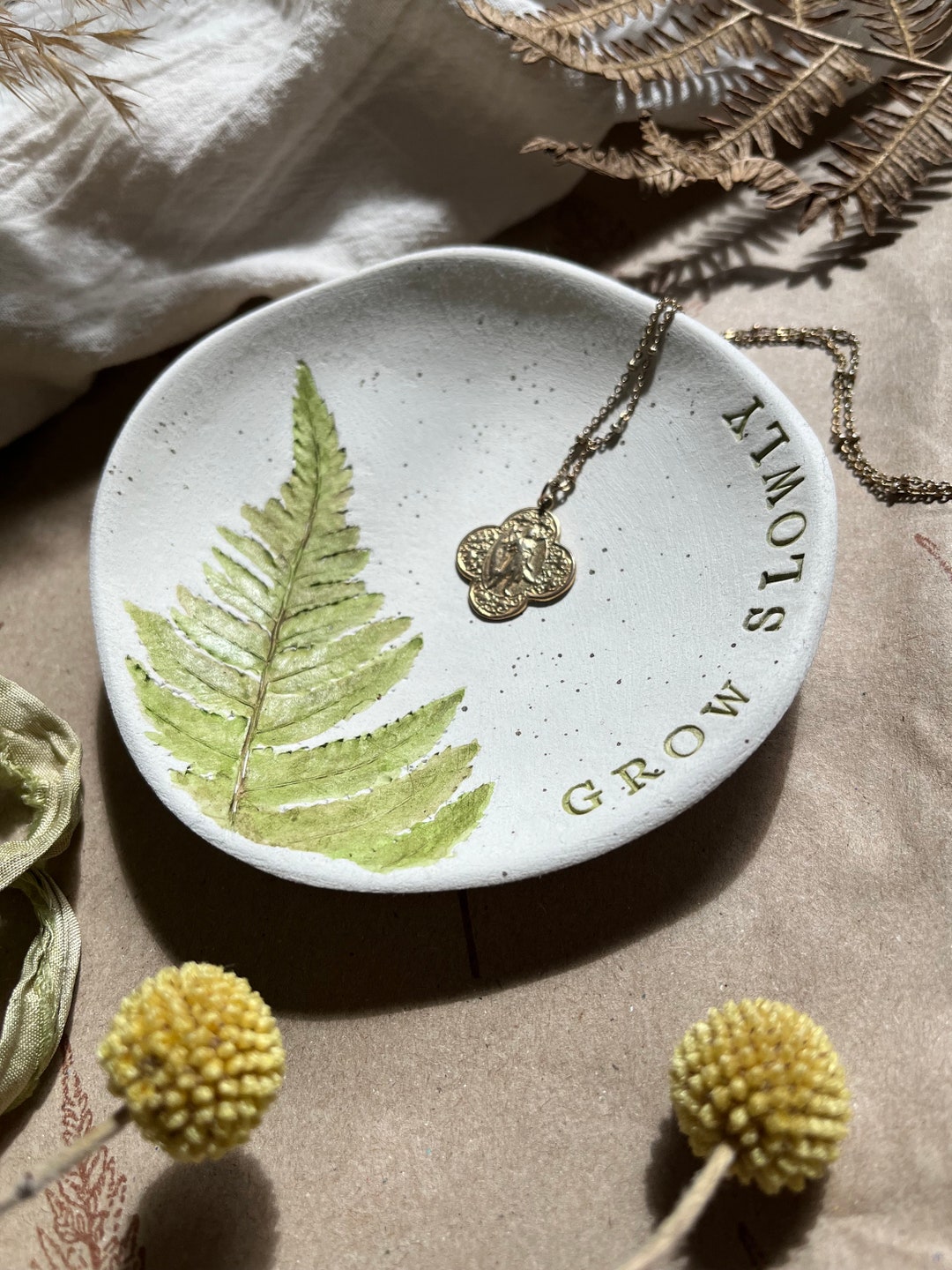 Grow Slowly Hand Formed Painted Fern Clay Dish / Trinket Dish - Etsy UK