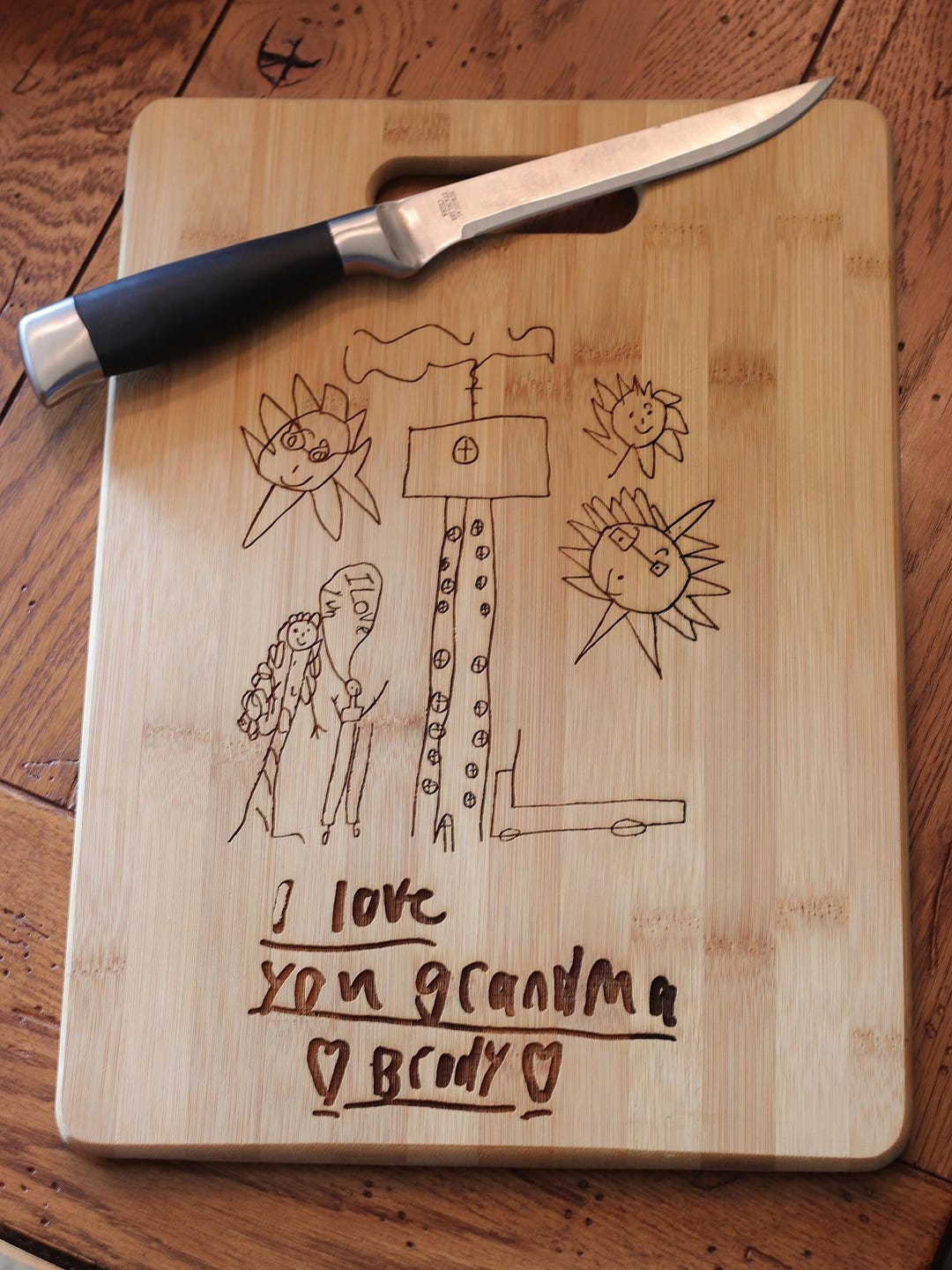 Child Drawing on Wood Cutting Board - Personalized Kids Artwork Gift ...