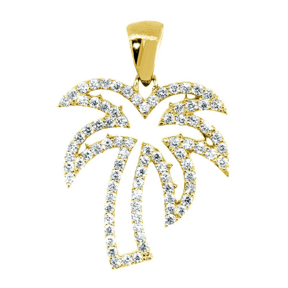 Medium Size Open Diamond Palm Tree Pendant, 0.88CT in 14K Yellow Gold ...